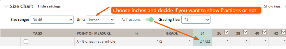 How to work with inches and fractions in Size Charts