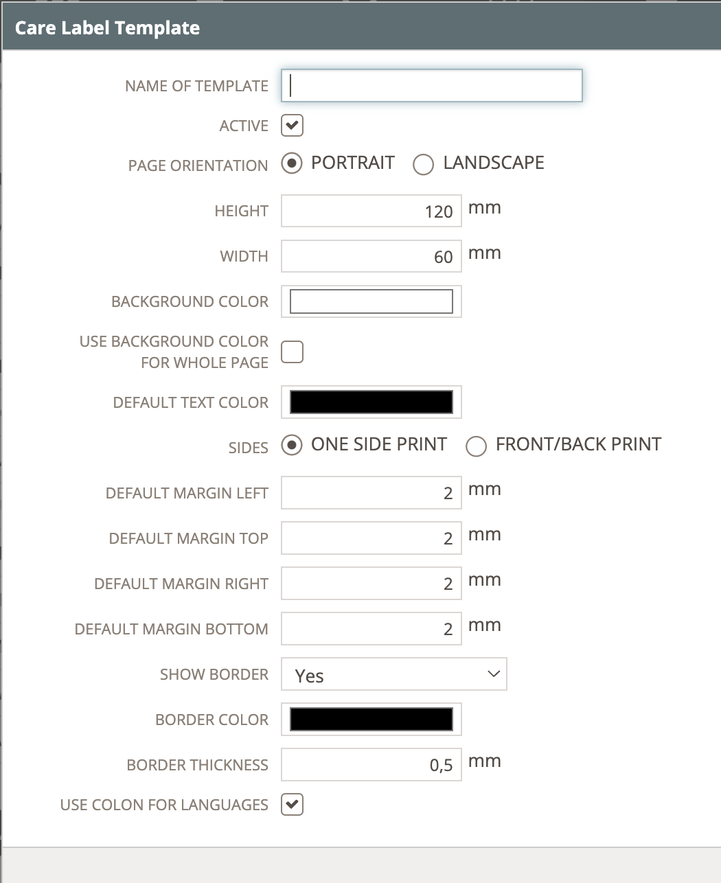 Care Label Template - Admin Setup